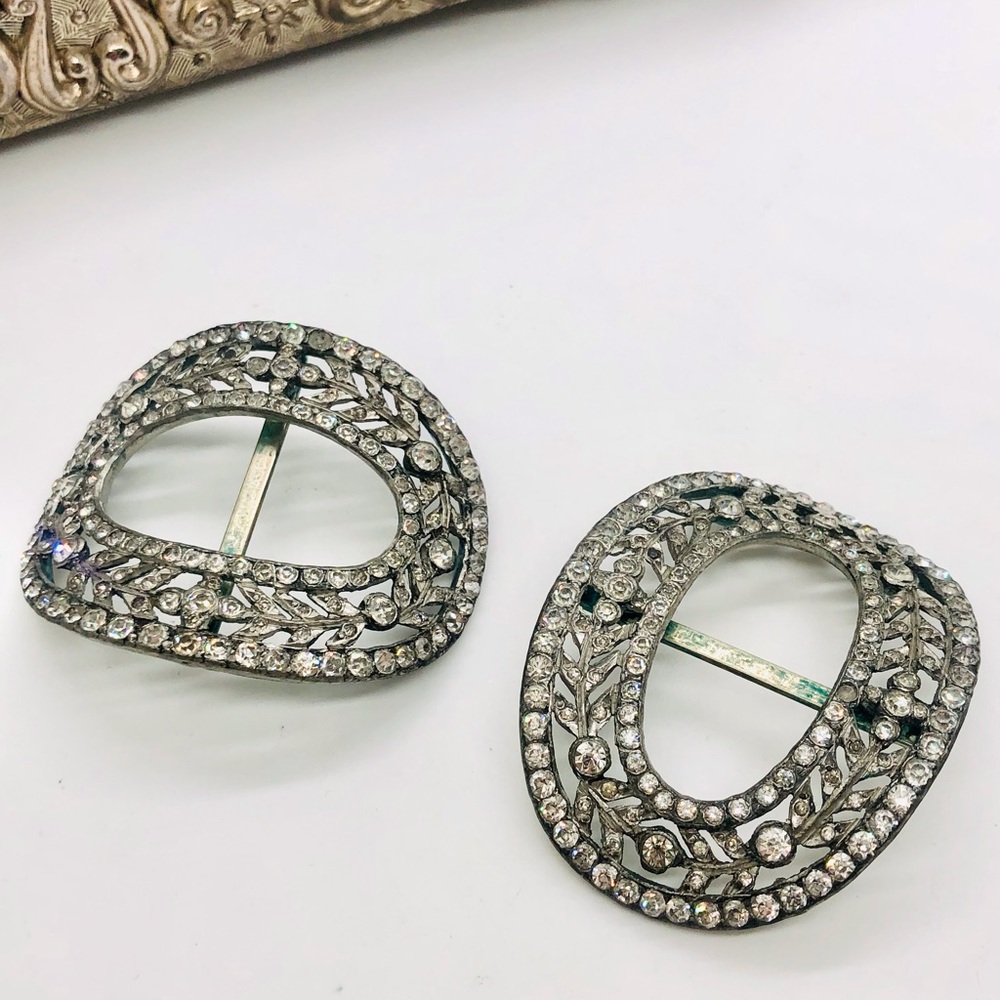 Antique Deco Rhinestone Shoe Belt Slide Clips - Gem